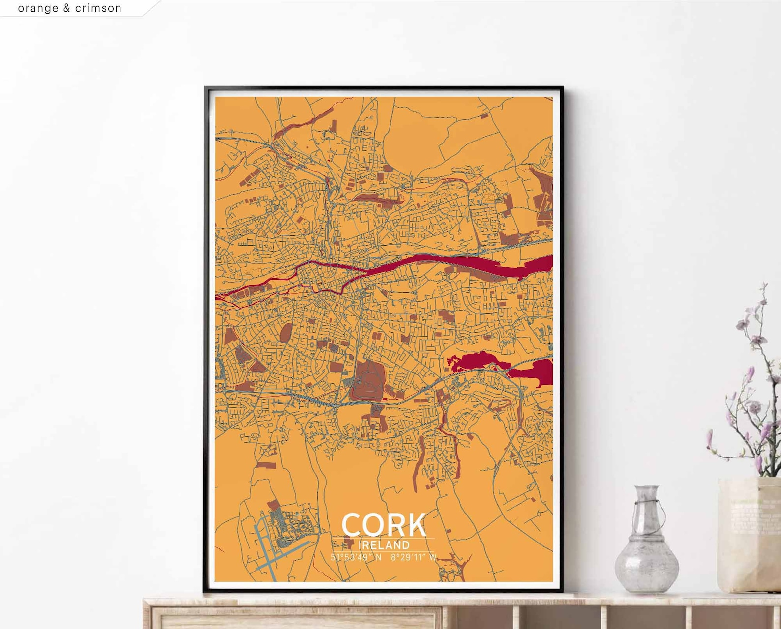 CORK Ireland Map Poster Black White Hometown City Print Modern Home ...