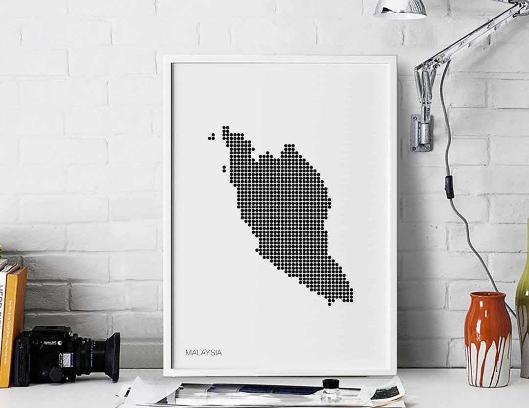 MALAYSIA Minimal Dots Retro Map Poster Black White Wall Decor Design ...