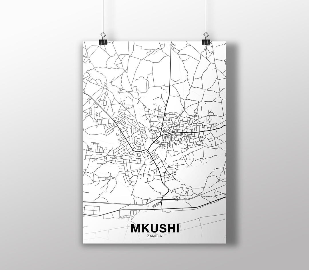 MKUSHI Zambia Map Poster Black White Hometown City Print Modern Home ...
