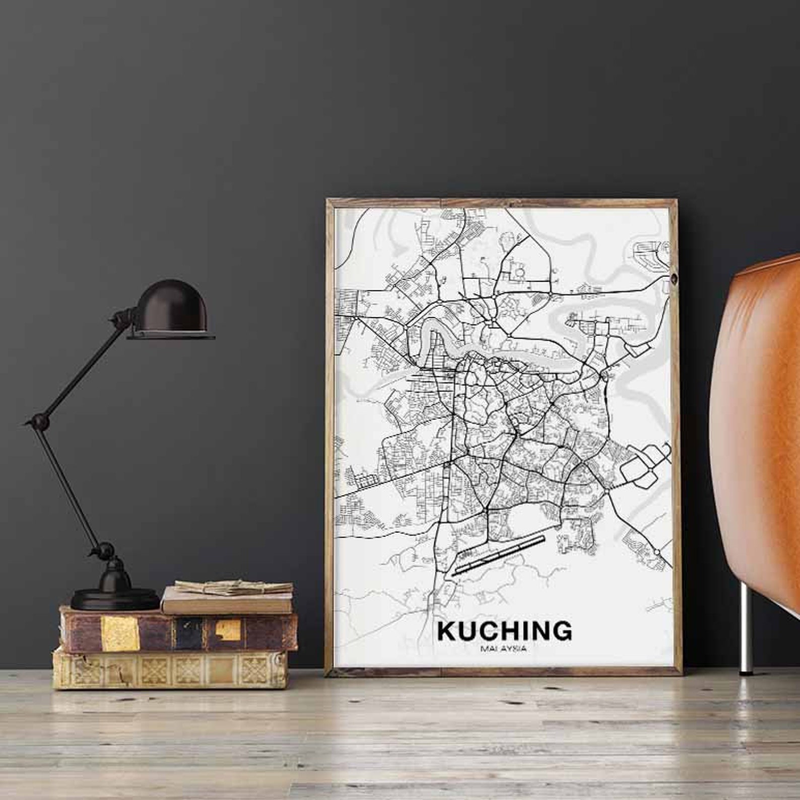 KUCHING Malaysia Map Poster Black White Hometown City Print Modern Home ...