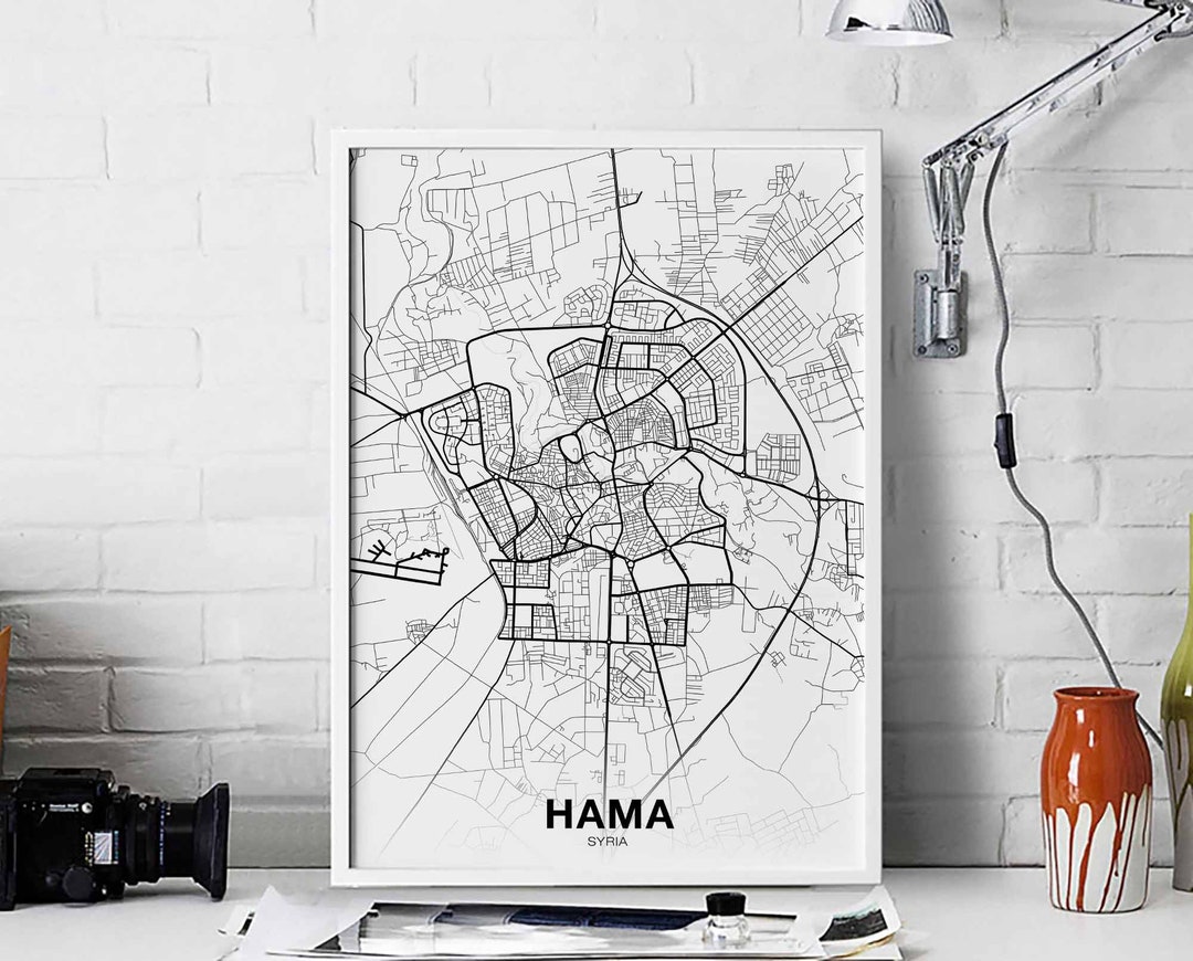 HAMA Syria Map Poster Black White Hometown City Print Modern Home Decor ...