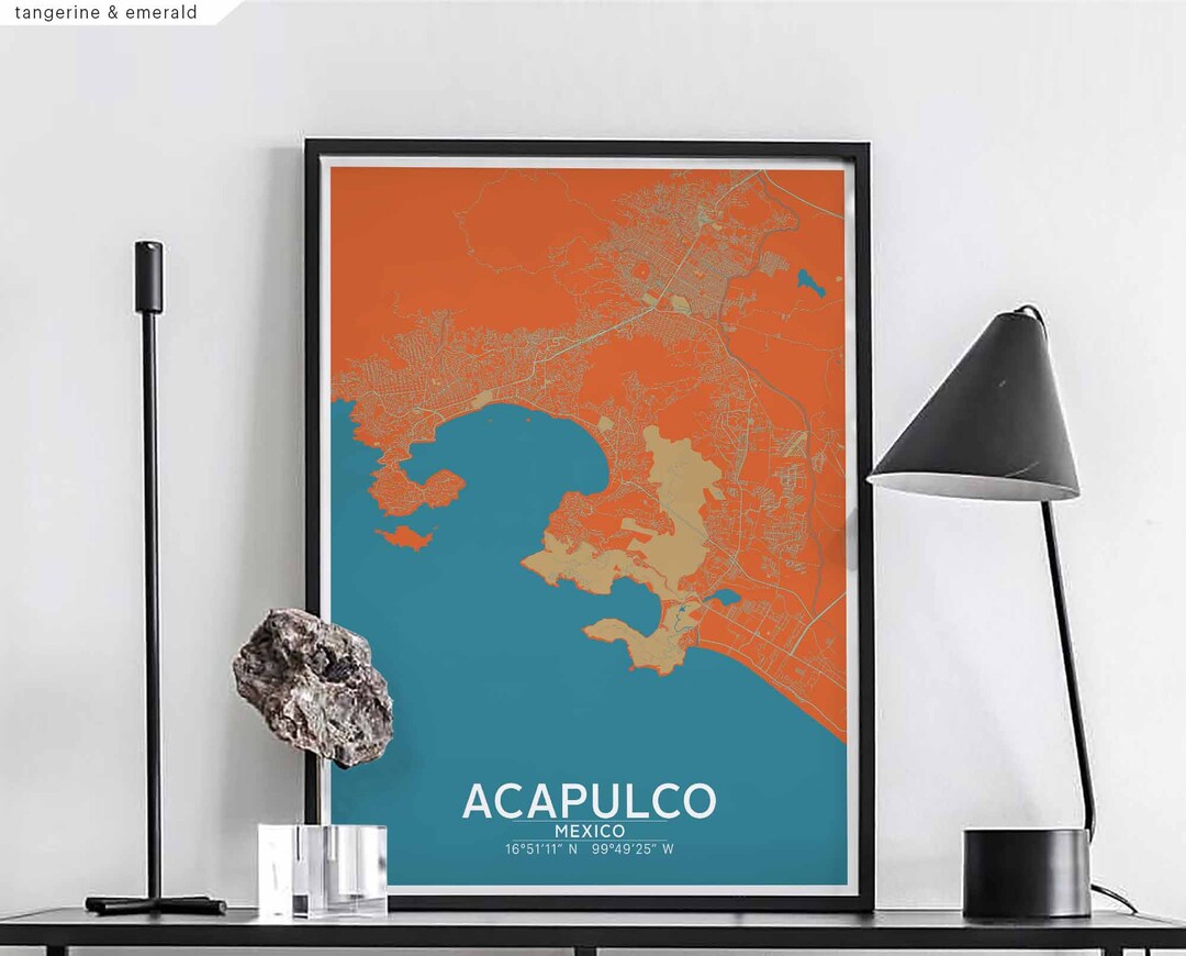 ACAPULCO Mexico Map Poster Black White Hometown City Print Modern Home ...