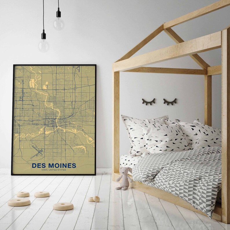 DES MOINES Iowa USA Map Poster Color Hometown City Print Modern Home ...