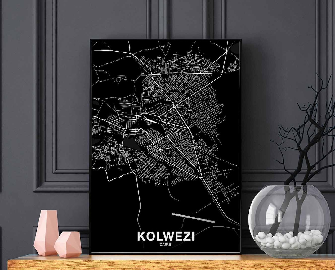KOLWEZI Zaire Map Poster Black White Hometown City Print Modern Home ...