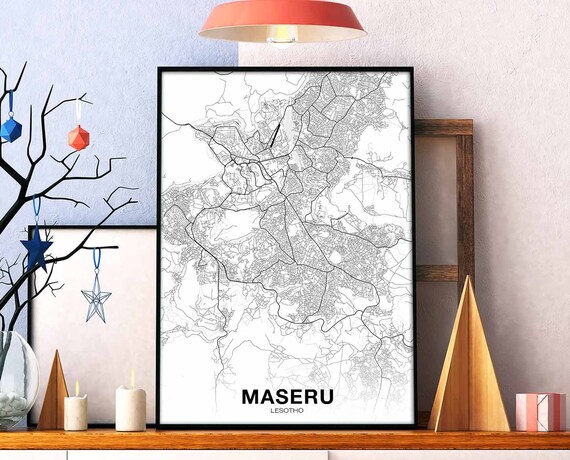 MASERU Lesotho Map Poster Black White Hometown City Print | Etsy