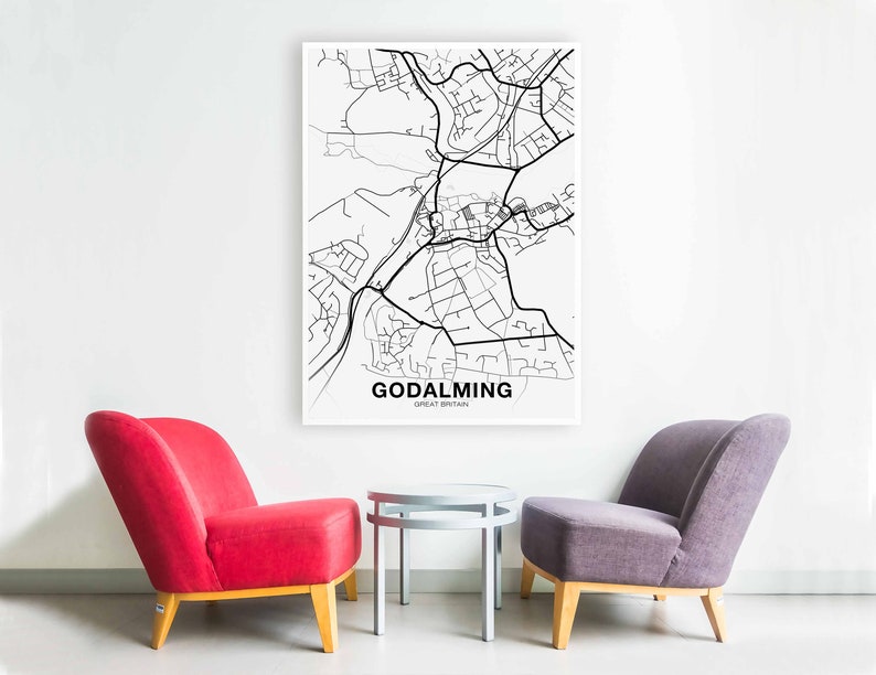 GODALMING Great Britain GB UK Map Poster Black White Hometown City ...