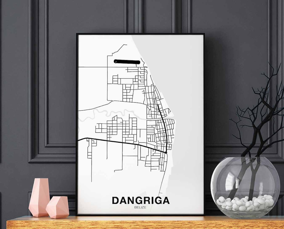 DANGRIGA Belize Map Poster Black White Hometown City Print Modern Home ...