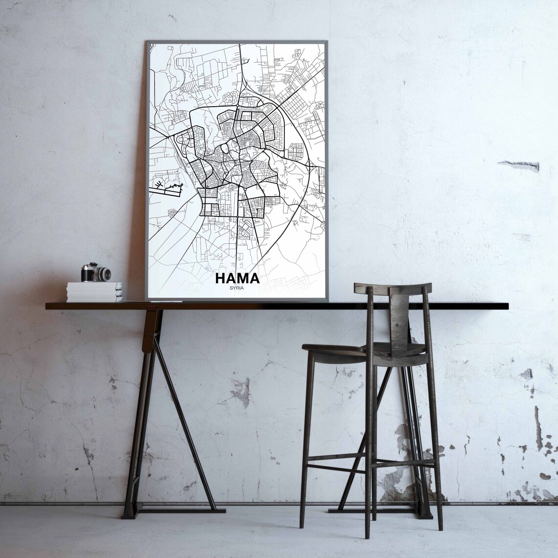 HAMA Syria Map Poster Black White Hometown City Print Modern Home Decor ...