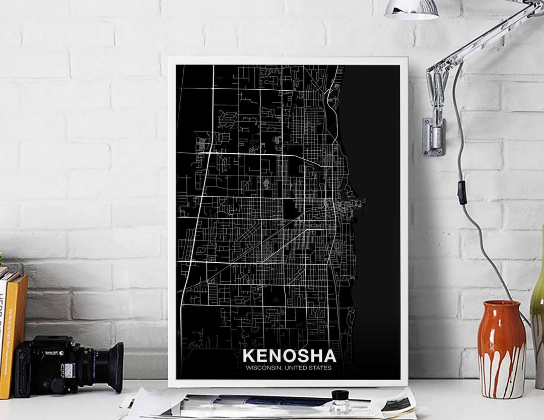 KENOSHA Wisconsin WI USA Map Poster Black White Hometown City Print ...