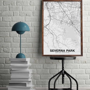 SEVERNA PARK Maryland MD Usa Map Poster Black White Hometown City Print ...