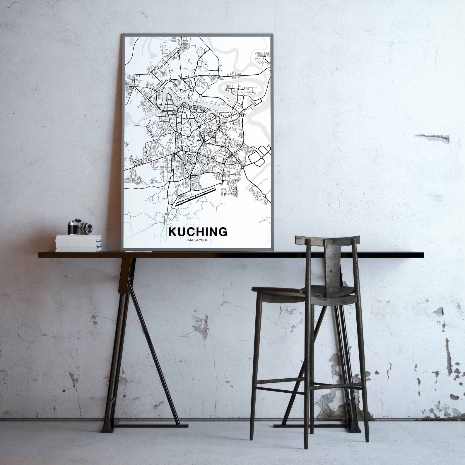 KUCHING Malaysia Map Poster Black White Hometown City Print Modern Home ...