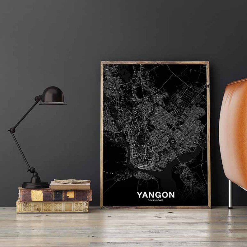 YANGON Myanmar Rangoon Burma Map Poster Black White Hometown - Etsy