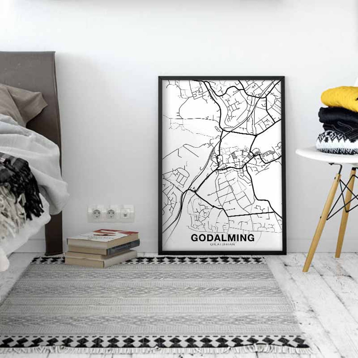 GODALMING Great Britain GB UK Map Poster Black White Hometown City ...