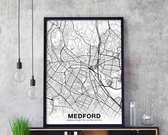 MEDFORD Massachusetts MA USA Map Poster Black White Hometown | Etsy
