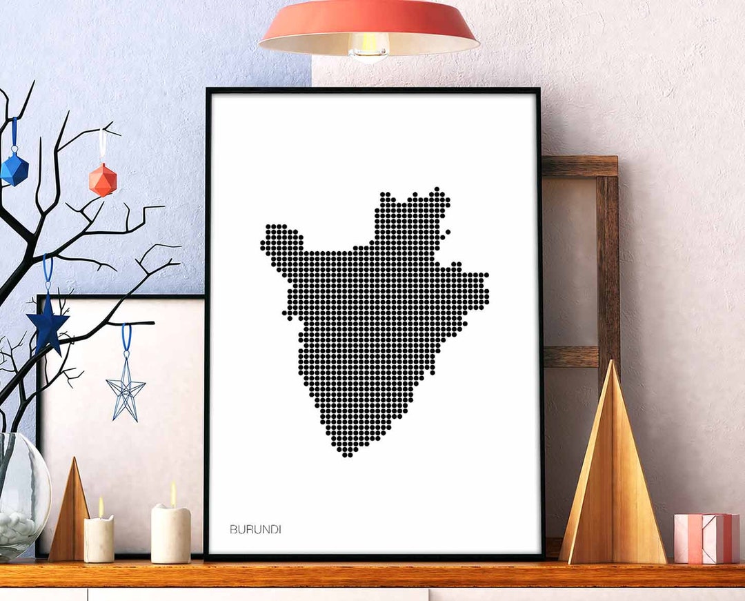 BURUNDI Minimal Dots Retro Map Poster Black White Wall Decor Design ...