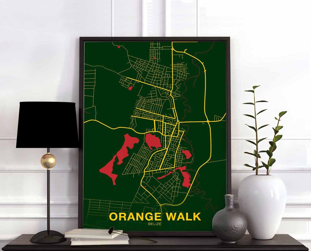 ORANGE WALK Belize Map Poster Color Hometown City Print Modern Home ...