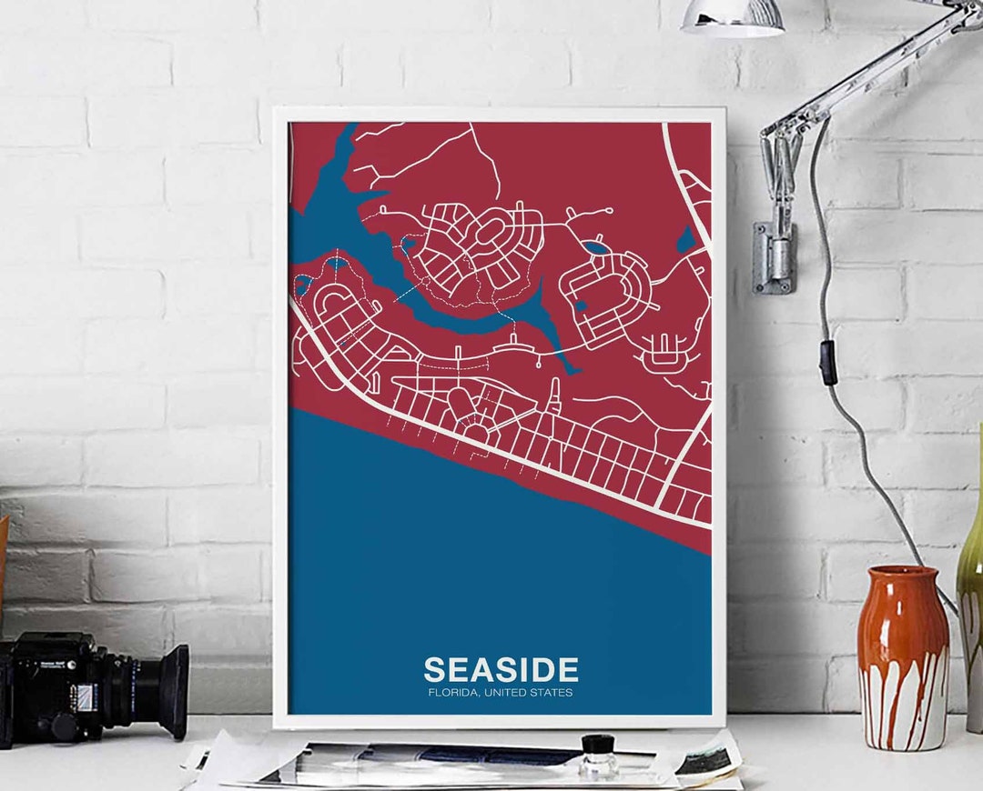 SEASIDE Florida FL Us Map Poster Color Hometown City Print Modern Home ...