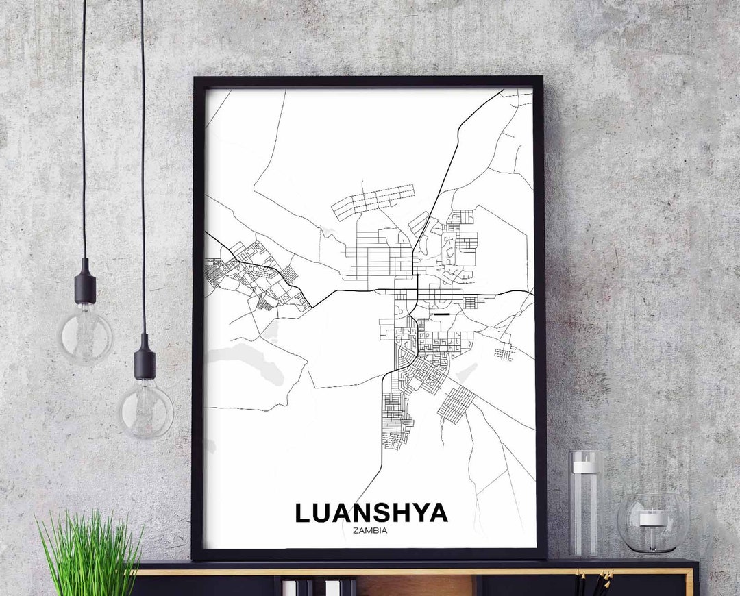 LUANSHYA Zambia Map Poster Black White Hometown City Print Modern Home ...