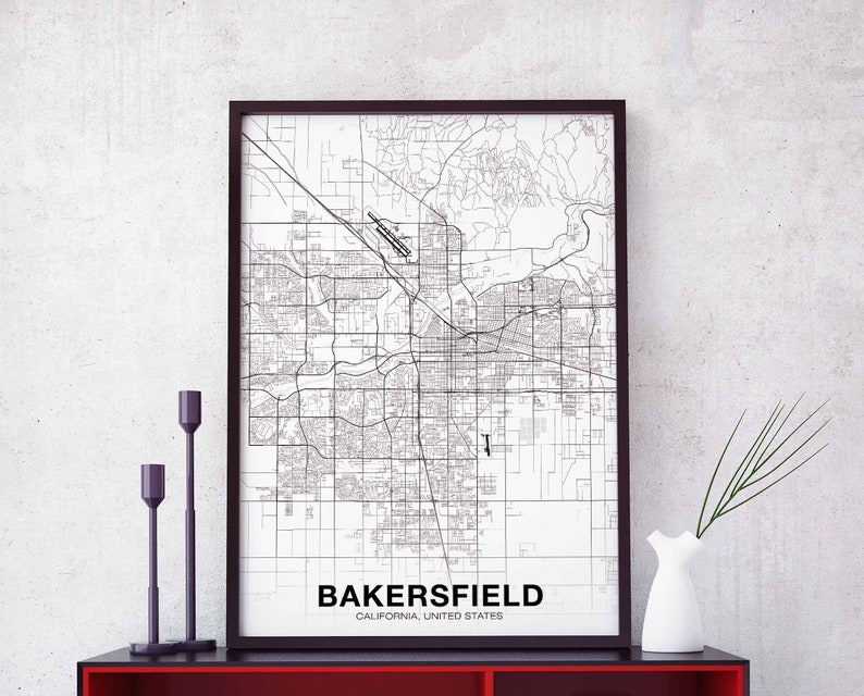 BAKERSFIELD California CA USA Map Poster Black White Hometown City ...