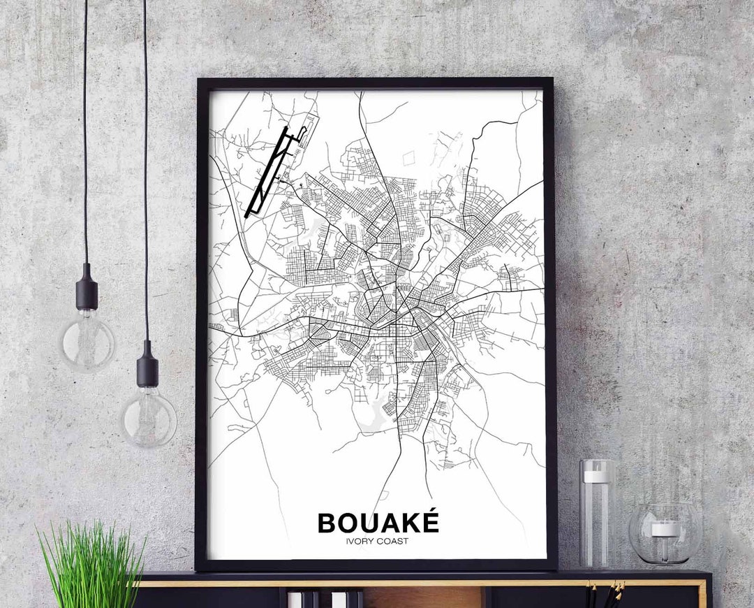 BOUAKE Ivory Coast Map Poster Black White Hometown City Print Modern ...