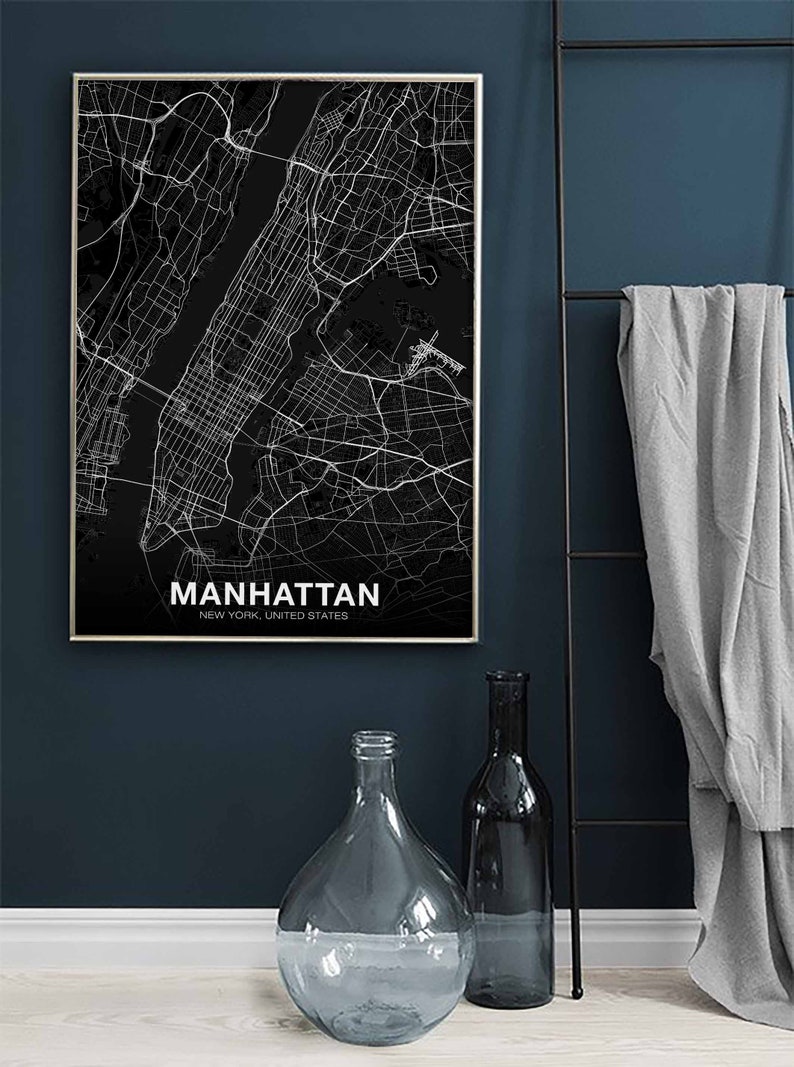 MANHATTAN New York Ny Usa Map Poster Black White Hometown City - Etsy