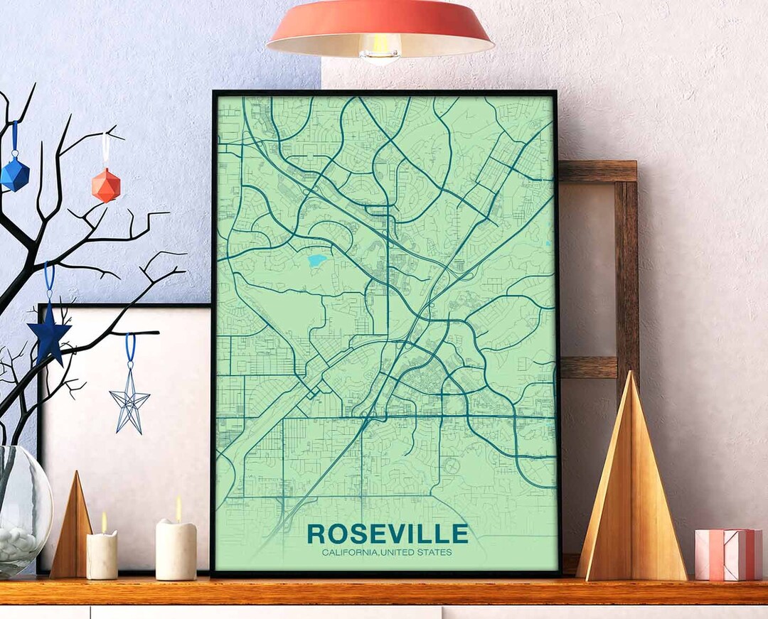 ROSEVILLE California CA USA Map Poster Color Hometown City Print Modern ...