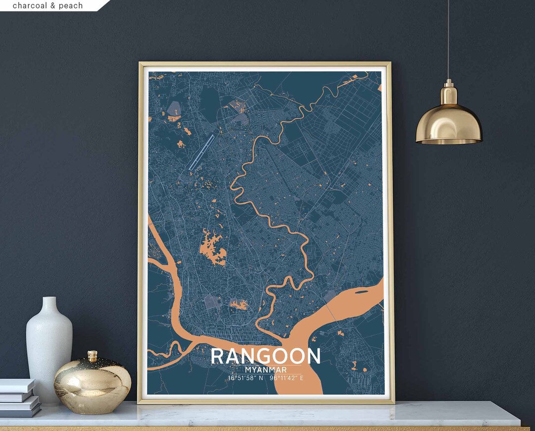 RANGOON Myanmar Map Poster Black White Hometown City Print Modern Home ...