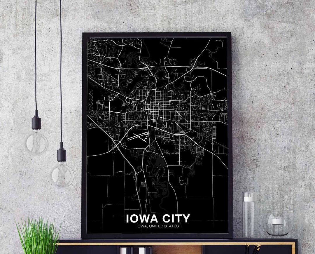 IOWA CITY Iowa IA Usa Map Poster Black White Hometown City Print Modern ...