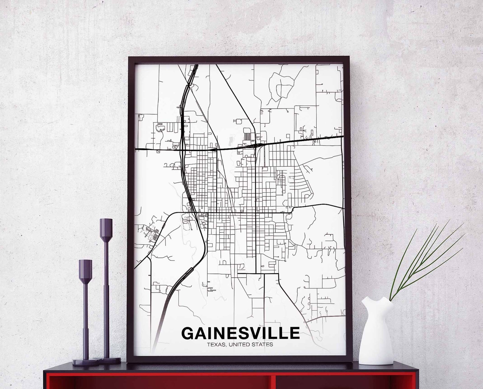 GAINESVILLE Texas TX Usa Map Poster Black White Hometown City Print ...