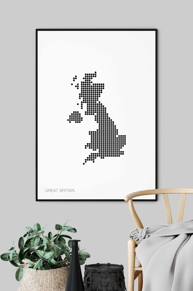 GREAT BRITAIN Minimal Dots Retro Map Poster Black White Wall Decor ...