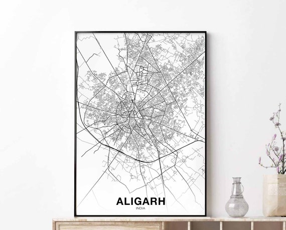 ALIGARH India Map Poster Black White Hometown City Print | Etsy