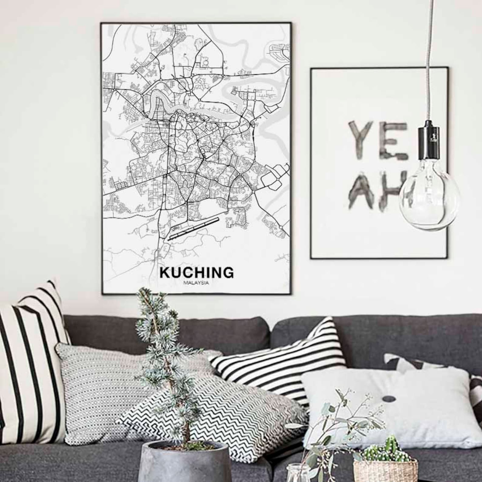 KUCHING Malaysia Map Poster Black White Hometown City Print Modern Home ...