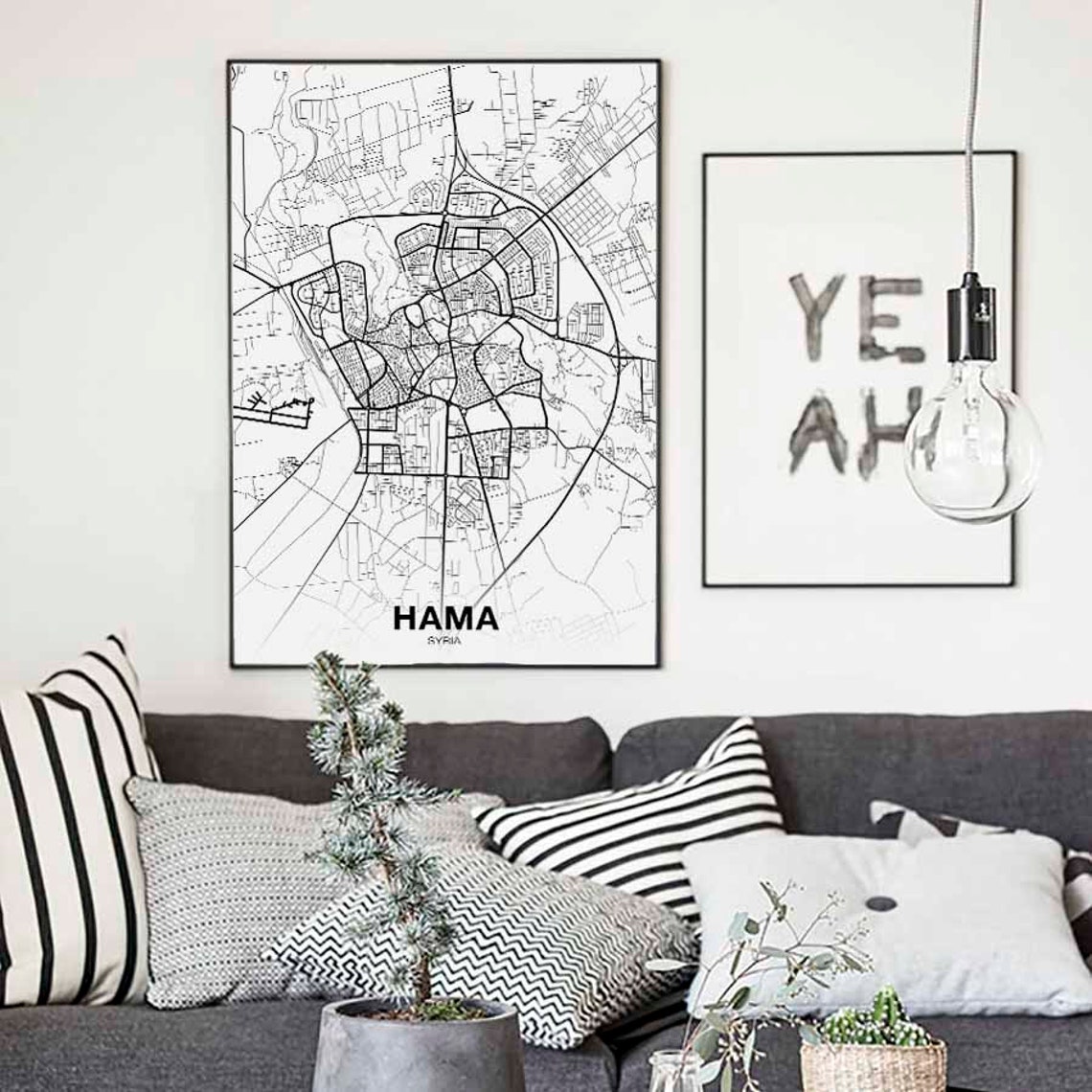 HAMA Syria Map Poster Black White Hometown City Print Modern Home Decor ...