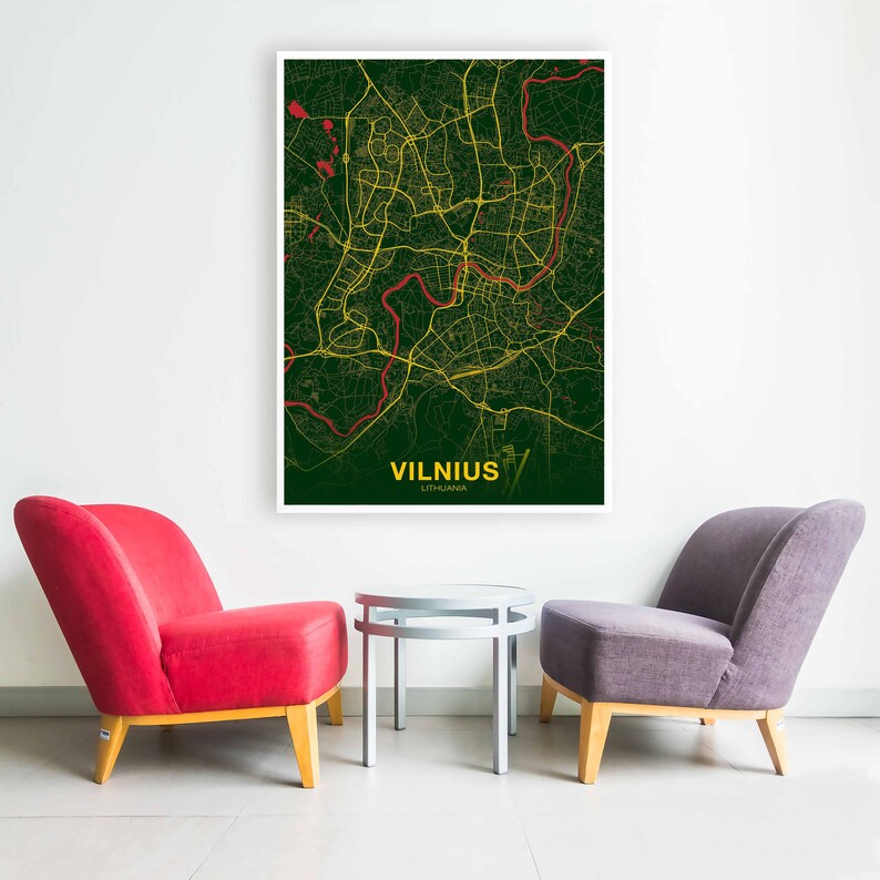 VILNIUS Lithuania Map Poster Color Hometown City Print Modern - Etsy