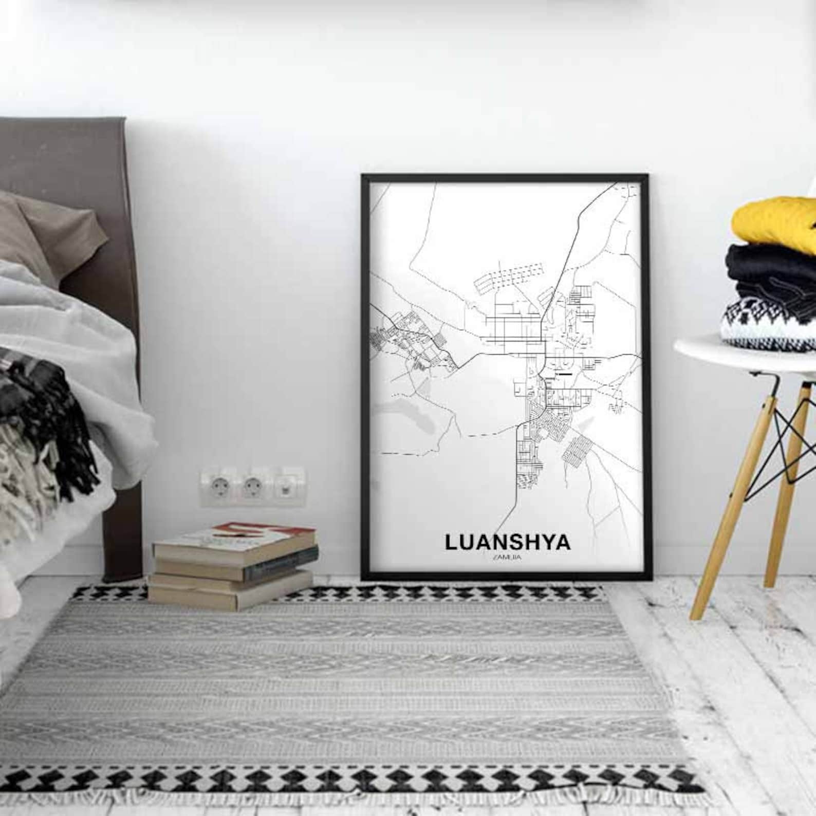 LUANSHYA Zambia Map Poster Black White Hometown City Print | Etsy