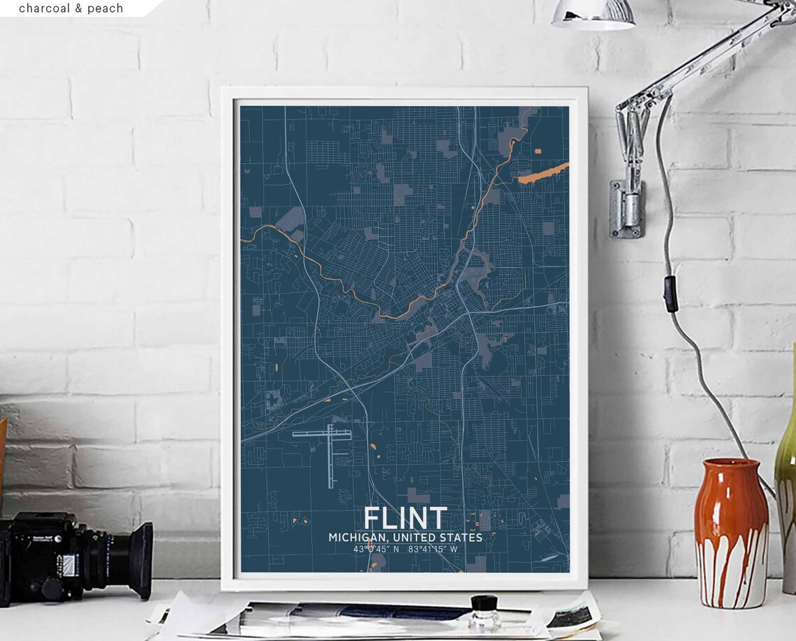 FLINT Michigan USA Map Poster Black White Hometown City Print - Etsy