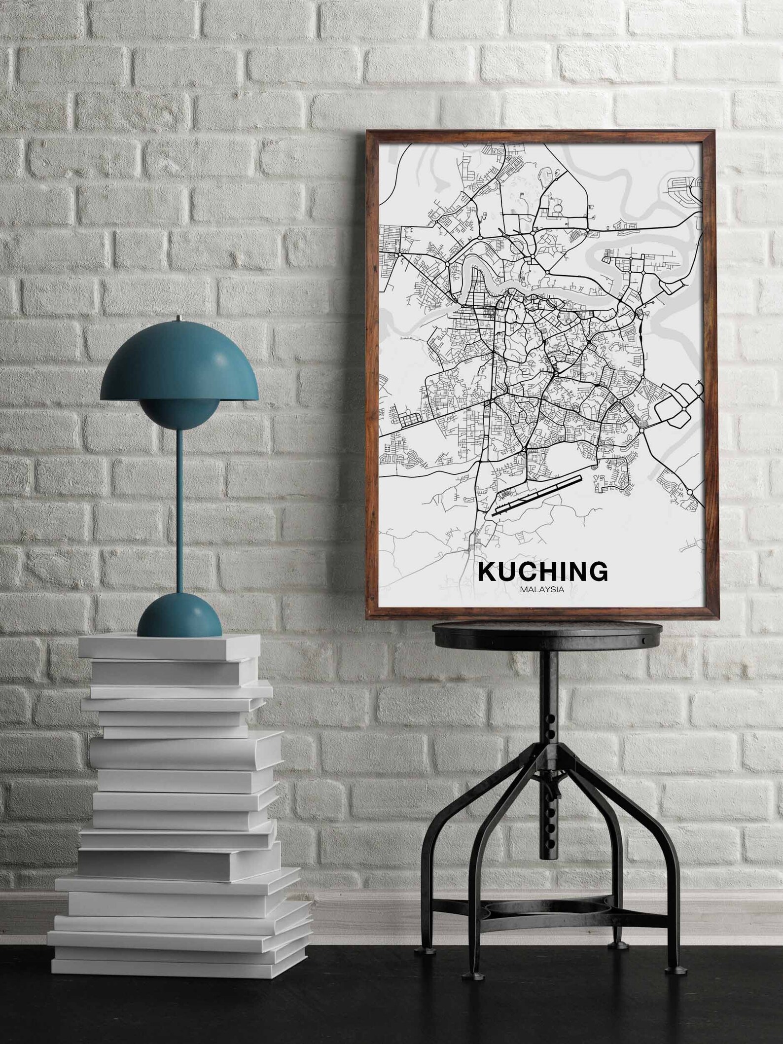 KUCHING Malaysia Map Poster Black White Hometown City Print Modern Home ...