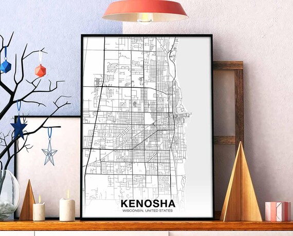 KENOSHA Wisconsin WI USA Map Poster Black White Hometown City - Etsy