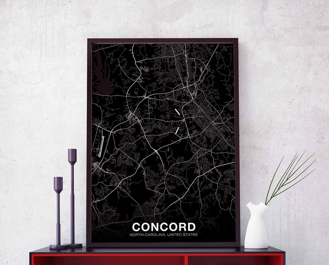 CONCORD North Carolina NC USA Map Poster Black White Hometown City ...