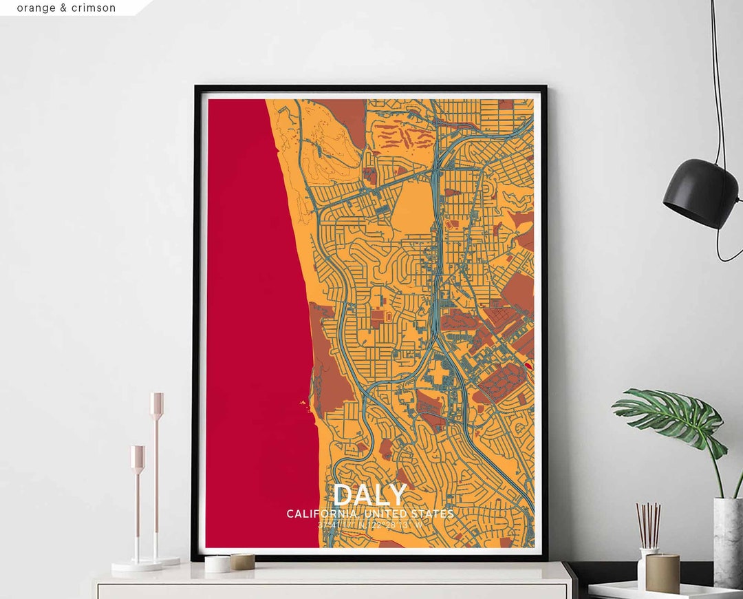 DALY California USA Map Poster Black White Hometown City Print Modern ...