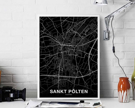 Prints Letterpress Prints SANKT POLTEN Austria map poster black white ...