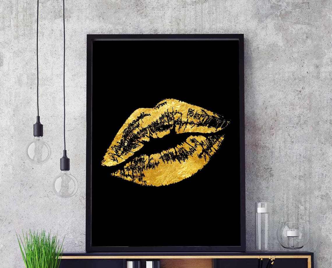 GOLD LIPS IMPRINT Poster Black White Wall Decor Design Modern Motto ...