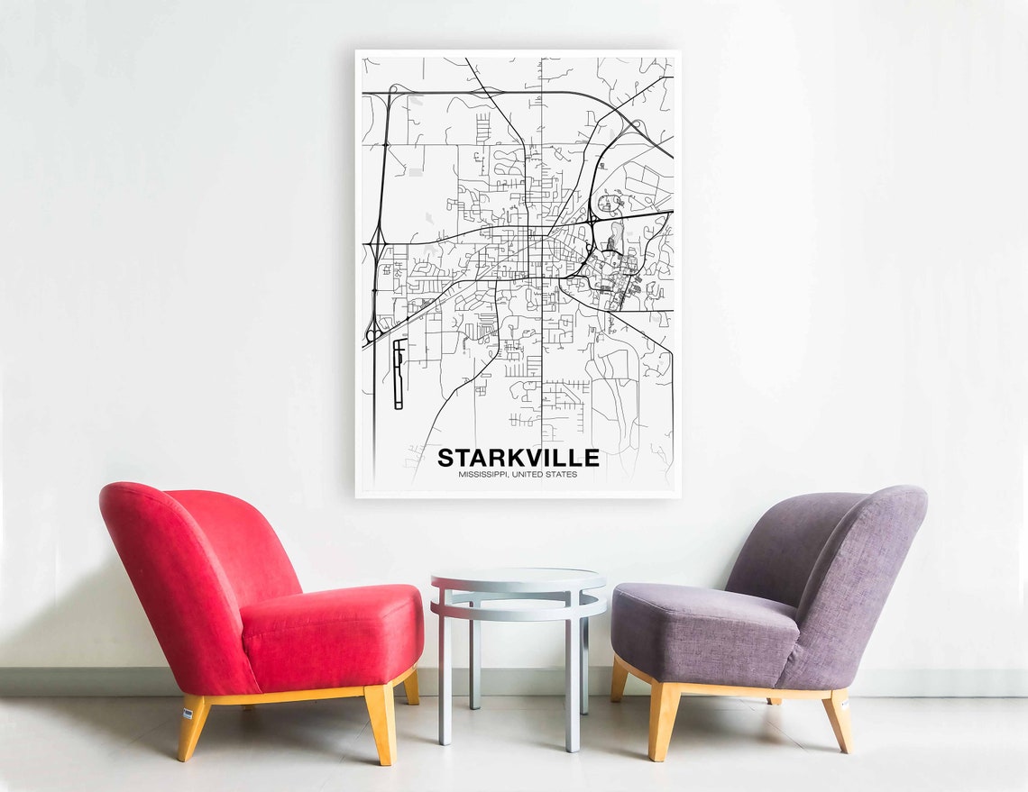 STARKVILLE Mississippi MS USA Map Poster Black White Hometown - Etsy