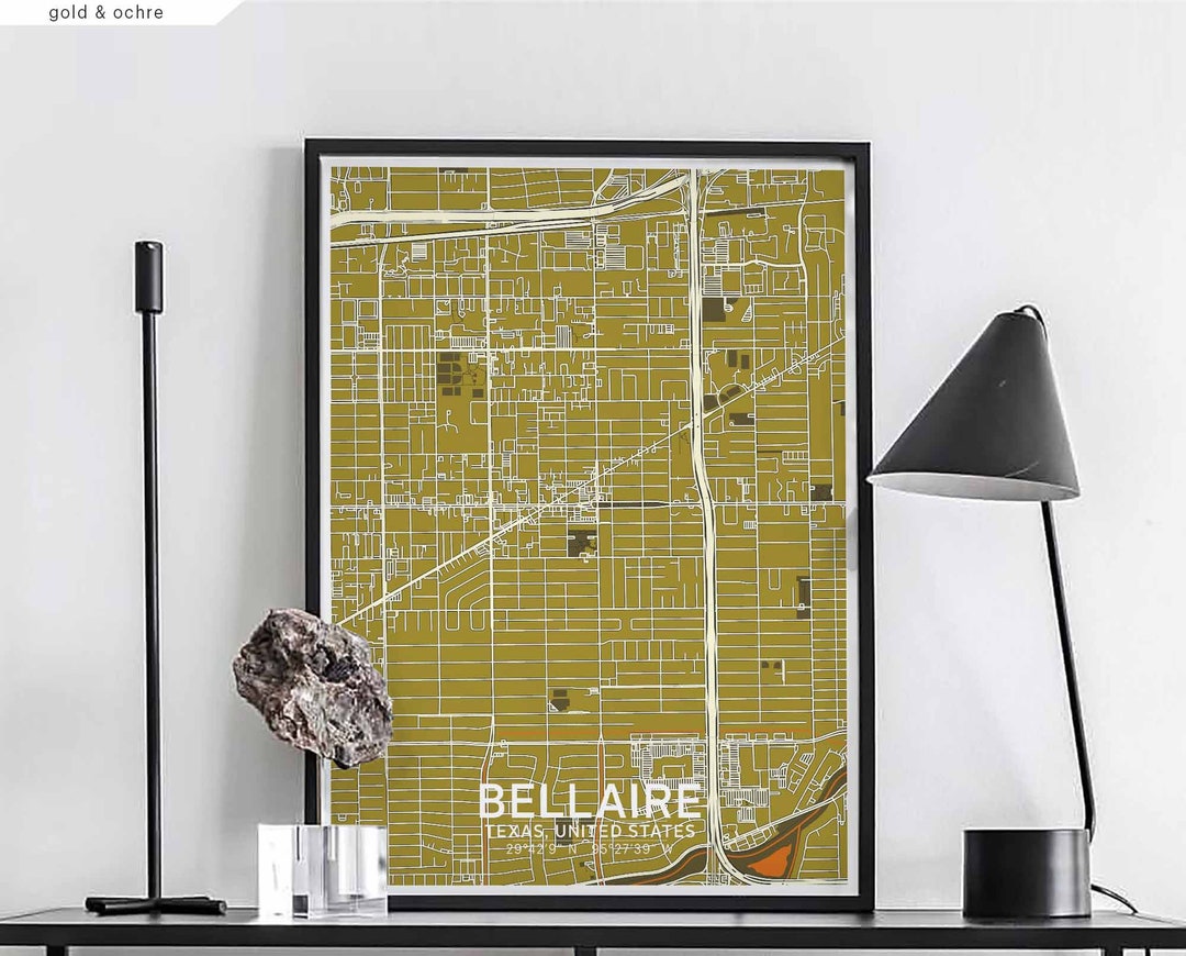 BELLAIRE Texas USA Map Poster Black White Hometown City Print Modern ...