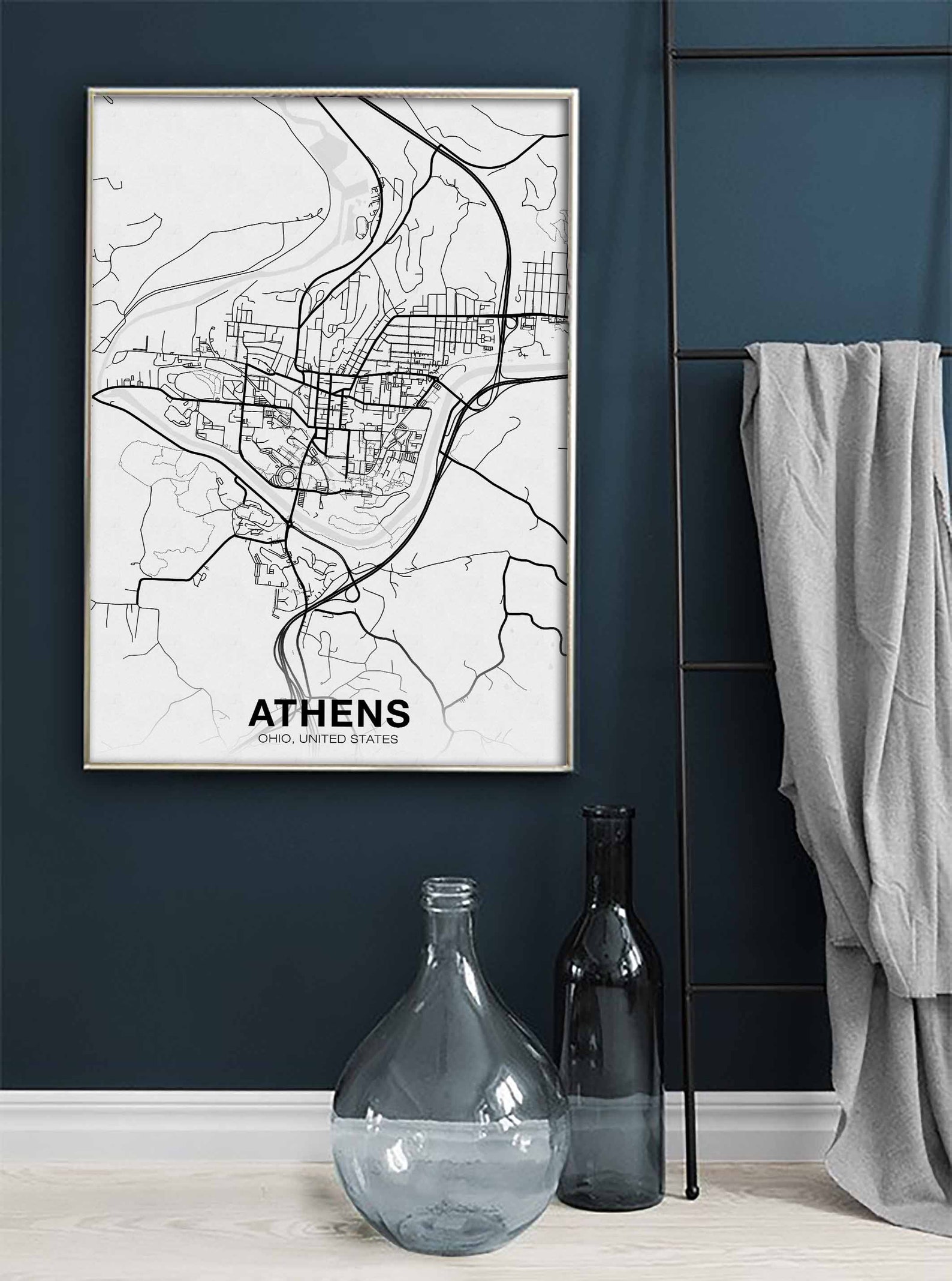 ATHENS Ohio OH US Map Poster Black White Hometown City Print Modern ...
