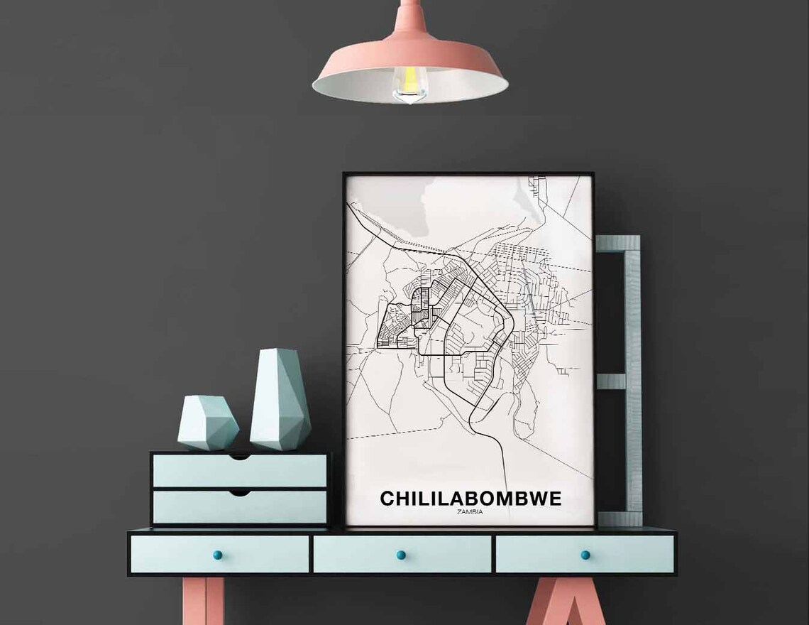 CHILILABOMBWE Zambia map poster black white Hometown City | Etsy