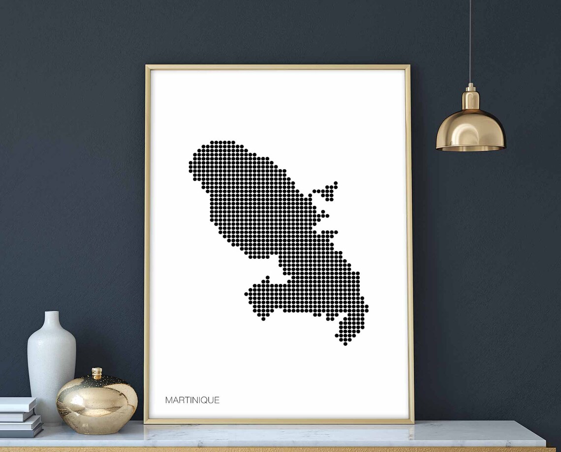 MARTINIQUE Minimal Dots Retro Map Poster Black White Wall Decor Design ...