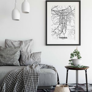 THEBES Greece Map Poster Black White Hometown City Print Modern Home ...
