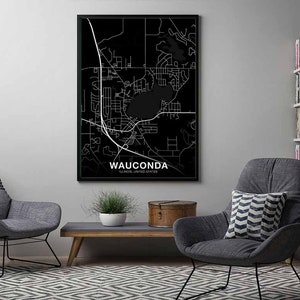 WAUCONDA Illinois IL Usa Map Poster Black White Hometown City Print ...