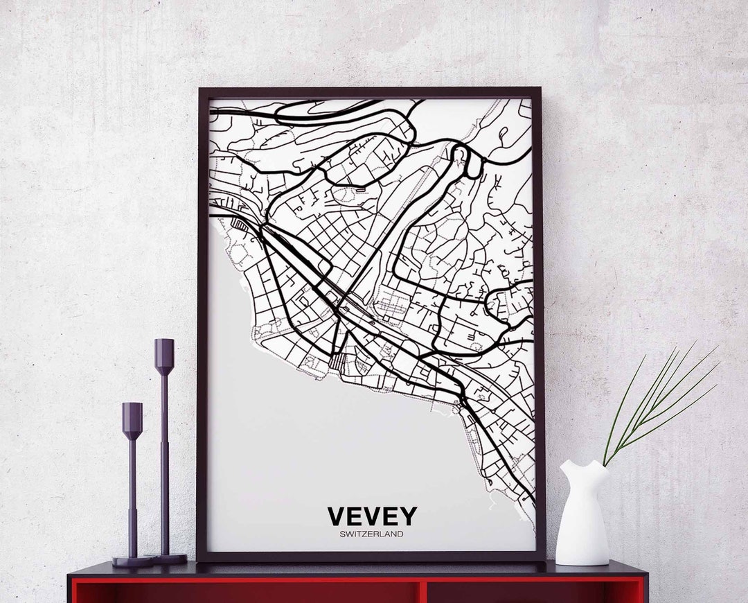 VEVEY Switzerland Map Poster Black White Hometown City Print Modern ...